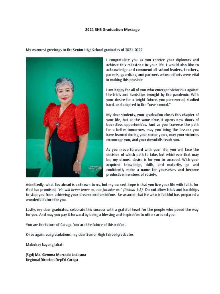 2021 Shs Graduation Message: (SGD) Ma. Gemma Mercado Ledesma Regional ...