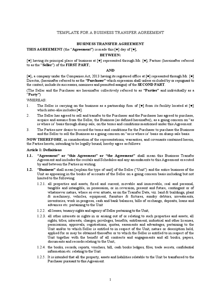 Business Transfer Agreement Template | PDF | Employment | Pension