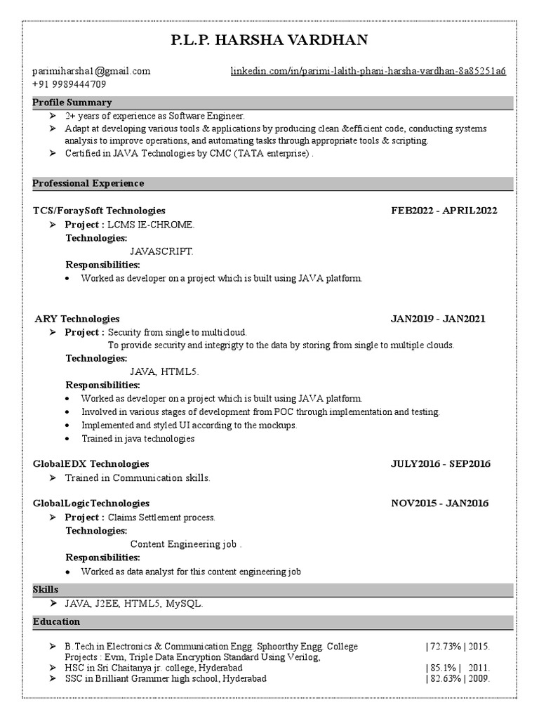 P.L.P. Harsha Vardhan | PDF | Java (Programming Language) | Cloud Computing