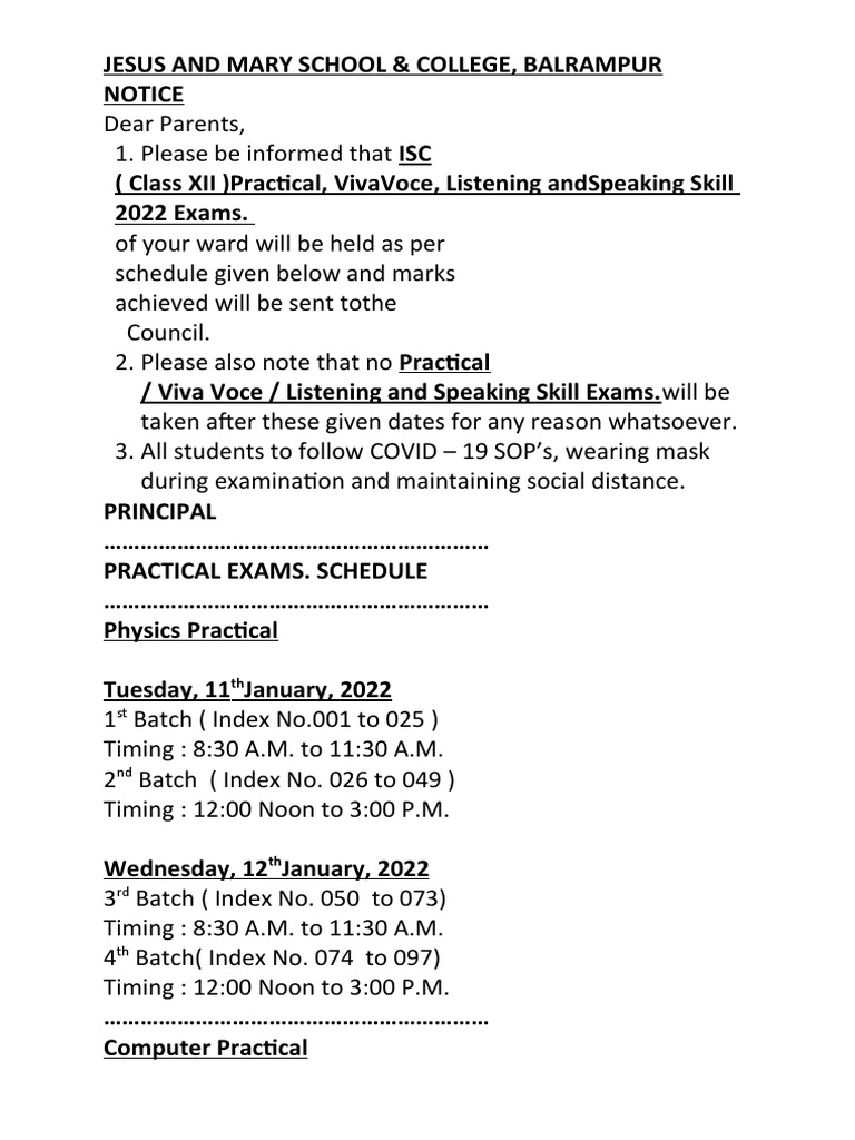 Isc Board Practical & Viva - Voce Examination 2022 Schedule | PDF