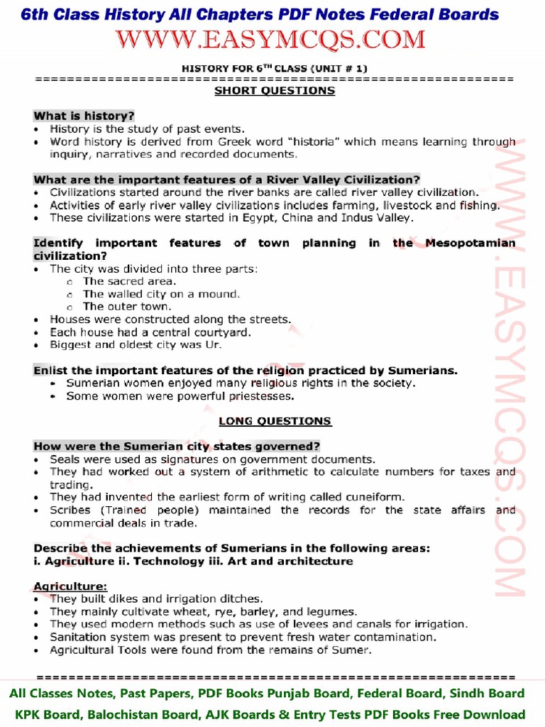 6th History Federal Board 2019 Syllabus Notes | PDF