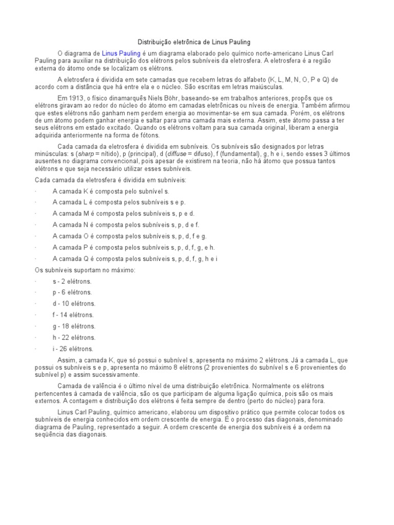 Distribuição Eletrônica segundo o Diagrama de Linus Pauling: Explicação ...