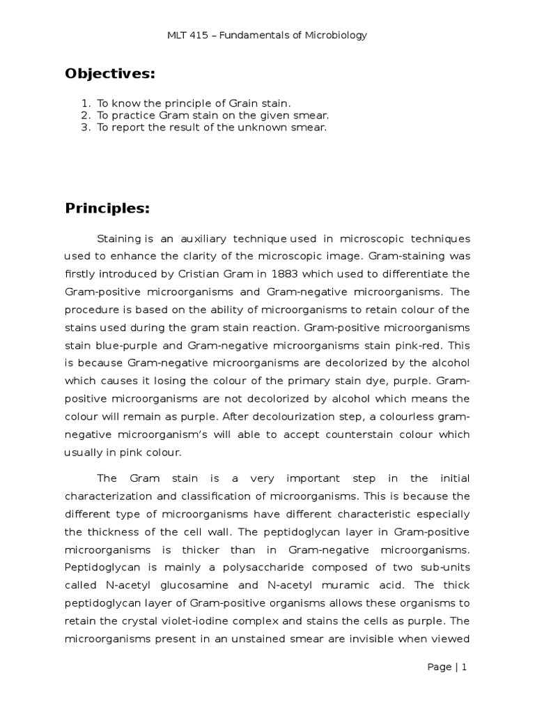 MLT 415 Fundamentals of Microbiology Gram Stain | PDF | Staining | Gram ...