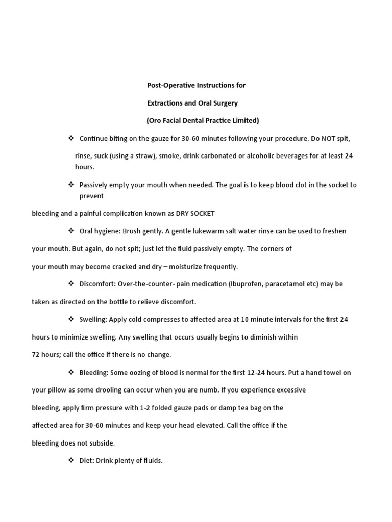 Post Operative Instructions For EXTRACTION | PDF | Medical Specialties ...