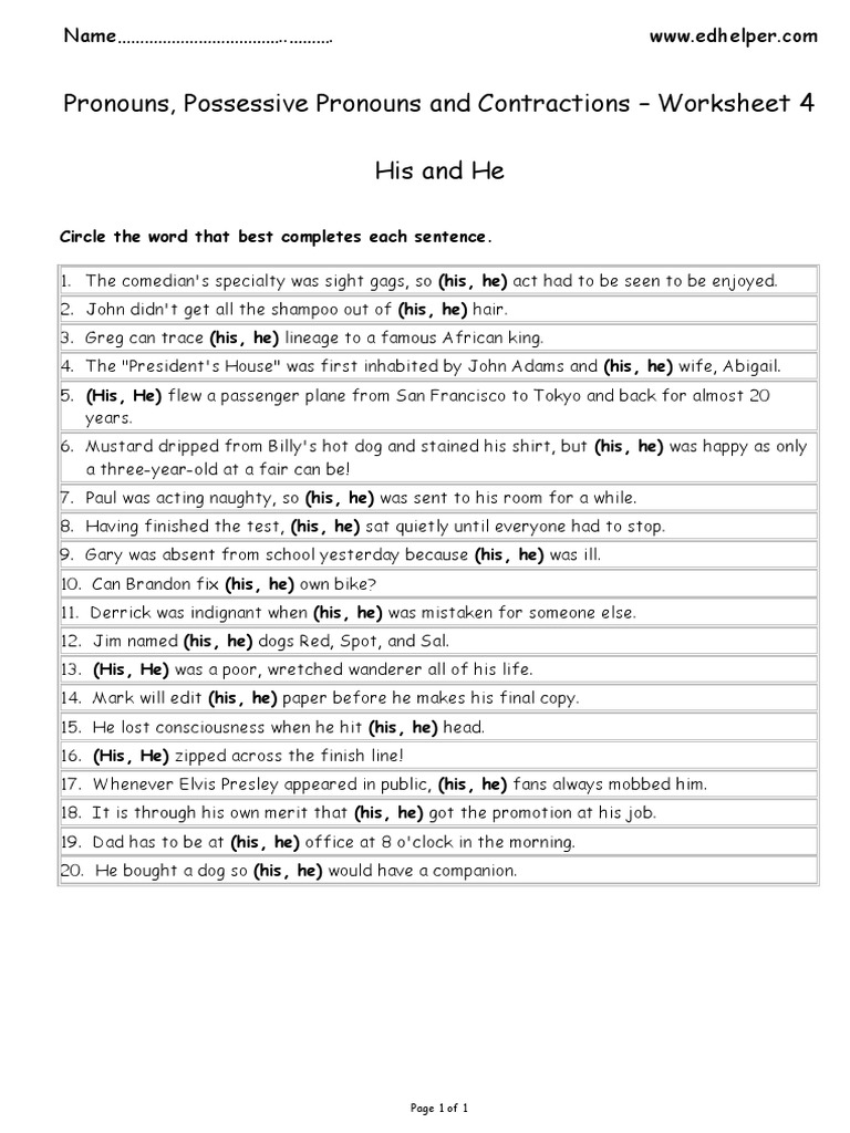 Edhelper Pronouns, Possessive Pronouns and Contractions - Worksheet 4 | PDF