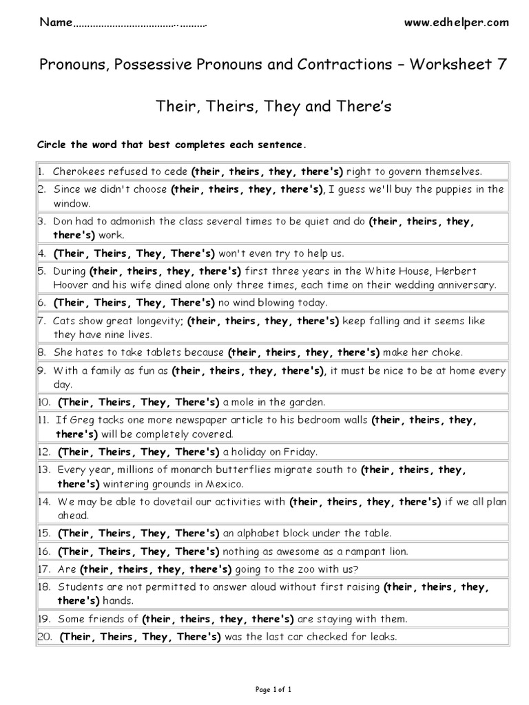 Edhelper Pronouns, Possessive Pronouns and Contractions - Worksheet 7 | PDF