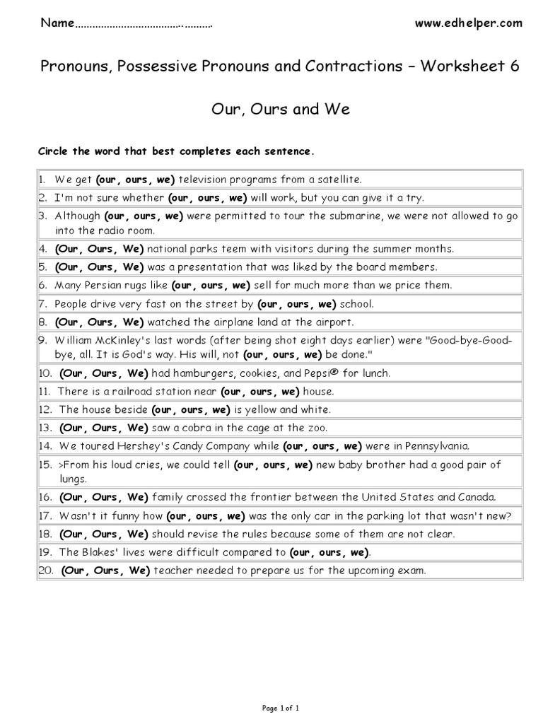 Edhelper Pronouns, Possessive Pronouns and Contractions - Worksheet 6 | PDF