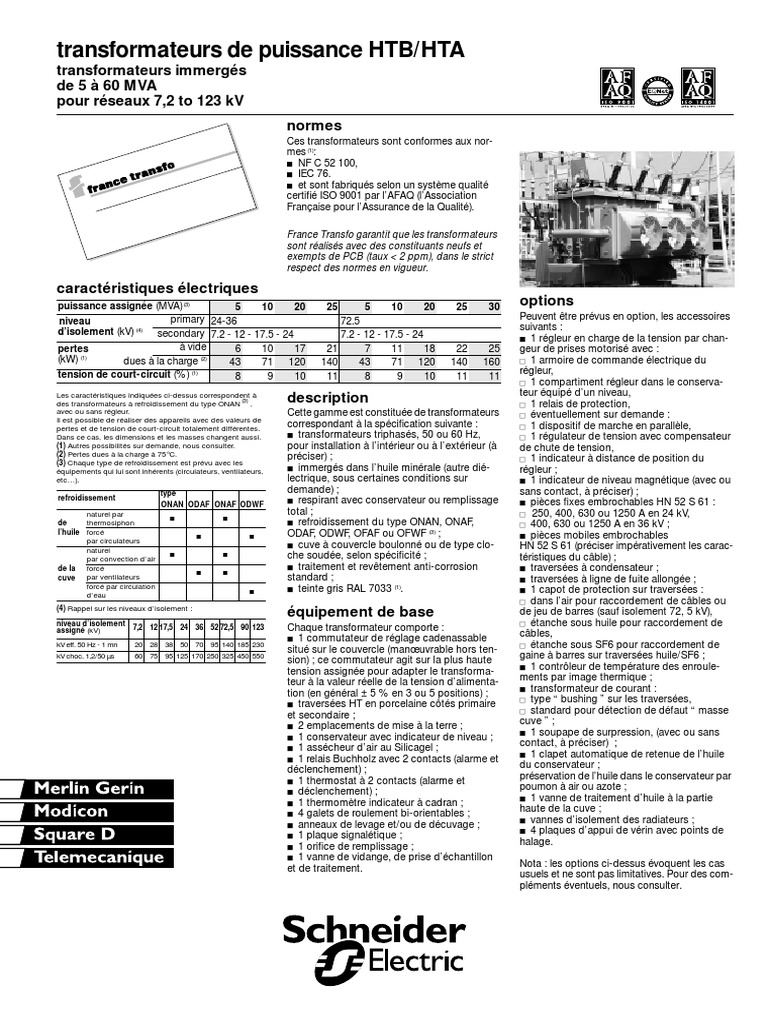 Transformateurs HTB/HTA : Caractéristiques et Options | PDF ...