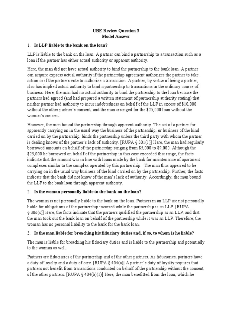 UBE Review Question 3 Model Answer Is LLP Liable To The Bank On The ...