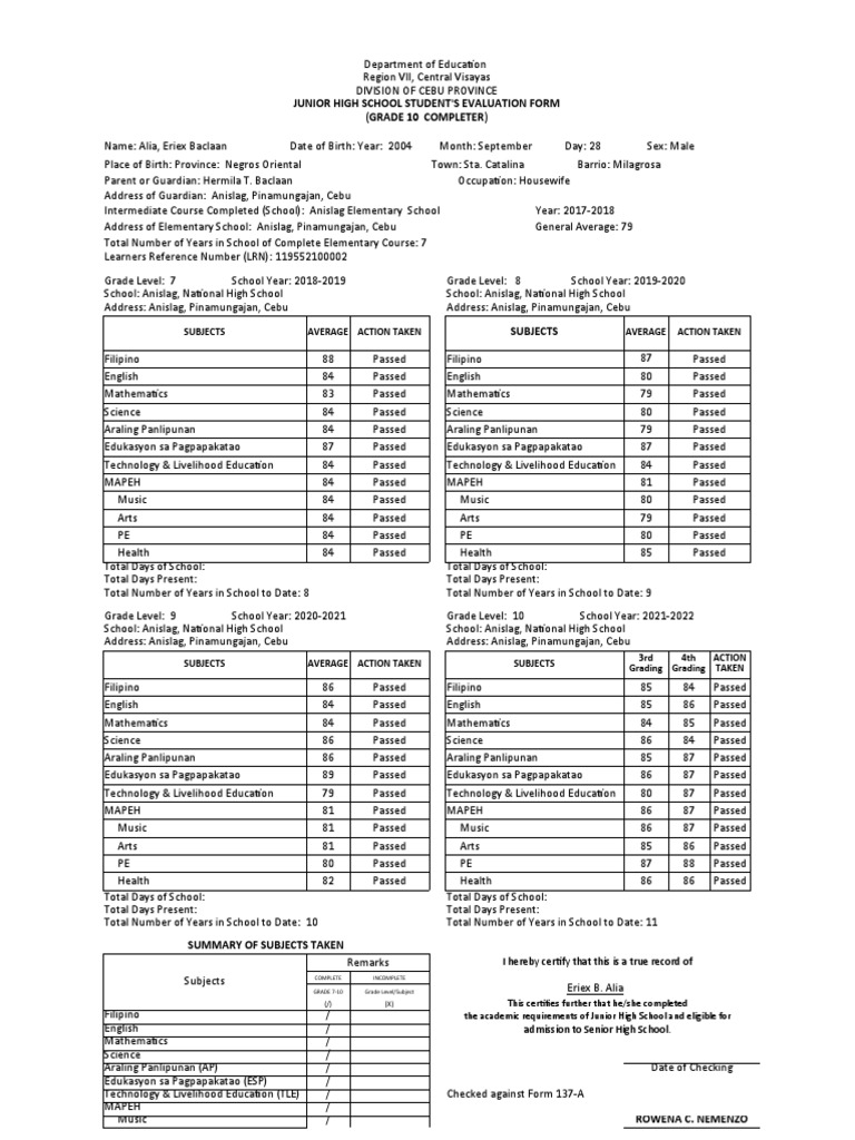 Junior High School Student'S Evaluation Form (Grade 10 Completer) | PDF ...
