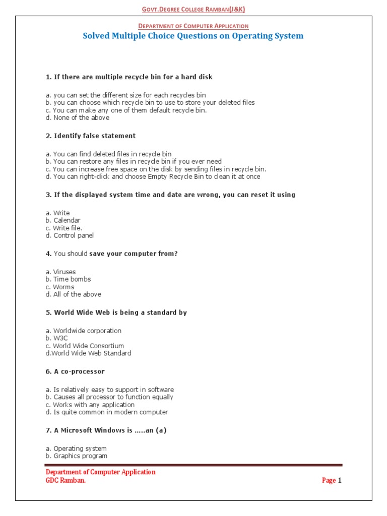 Solved Multiple Choice Questions On Operating System: Department of ...