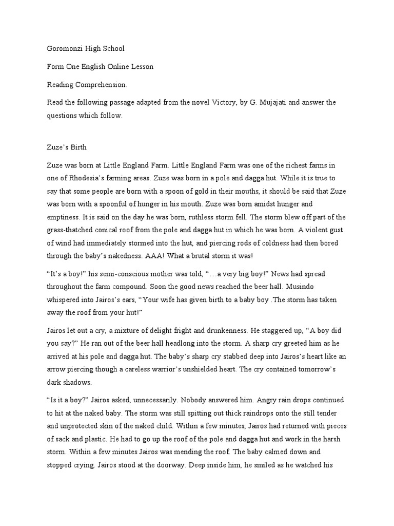 Form One English Reading Comprehension | PDF