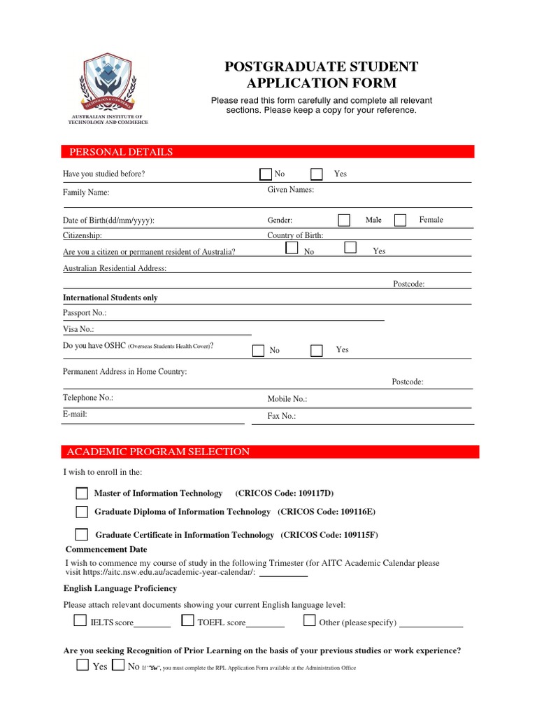 Postgraduate Student Application Form: Personal Details | Download Free PDF | Government