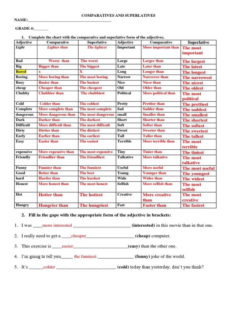 Comparative and Superlative Adjectives Worksheet (Answer Key) | PDF