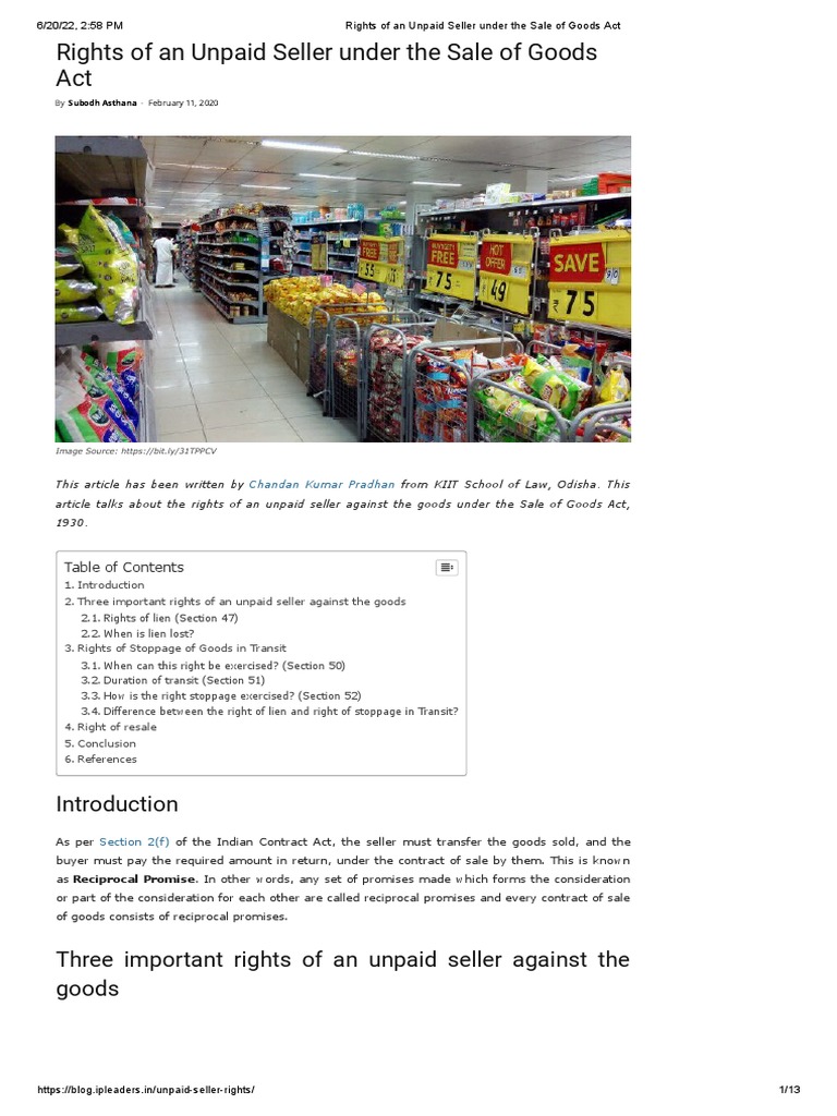 Rights of An Unpaid Seller Under The Sale of Goods Act | PDF | Lien ...