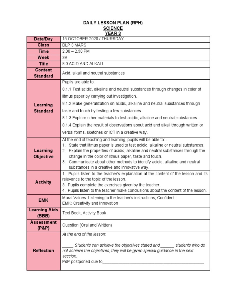 Daily Lesson Plan (RPH) Science Year 3 Date/Day Class Time Week Title ...