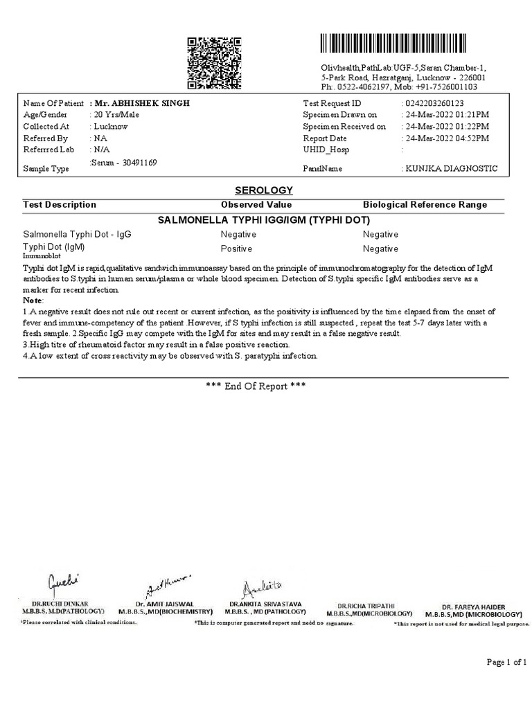 Serology Salmonella Typhi Igg/Igm (Typhi Dot) : Test Description ...
