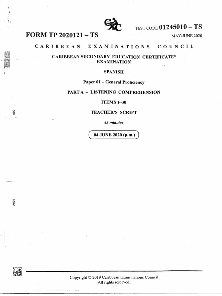 CSEC Spanish June 2020 P1 (Teacher's Script) | PDF
