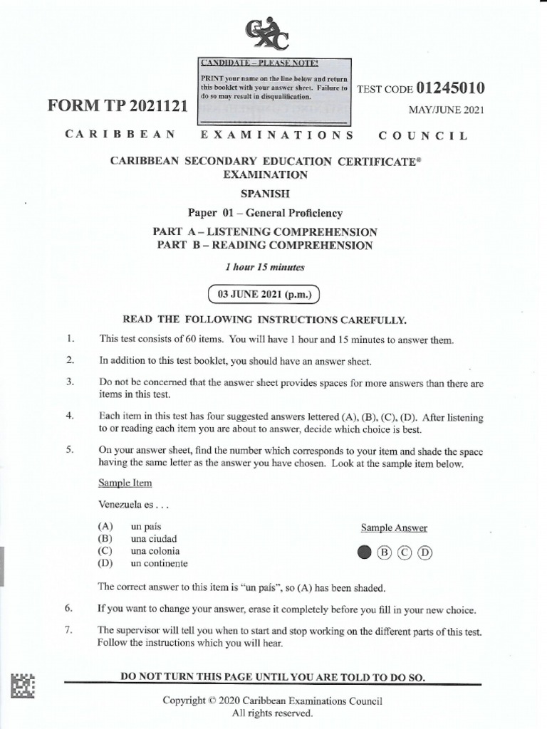 CSEC Spanish Paper 1 2021 | PDF