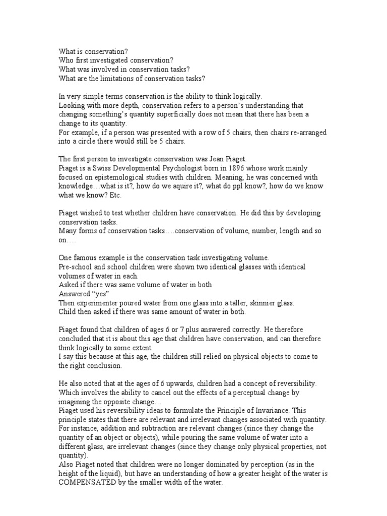 Conservation Tasks Pres | PDF | Neuropsychological Assessment | Psychology