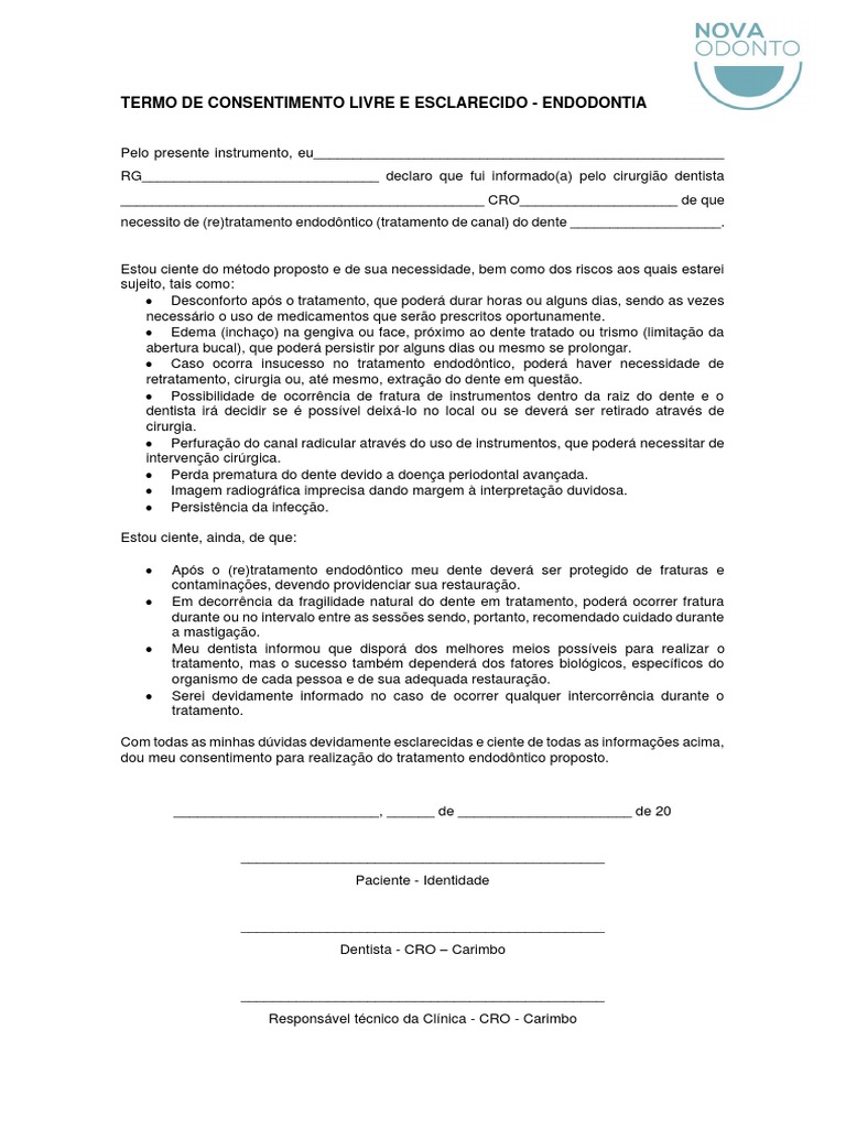 Anexo 01 - Termo de Consentimento Livre e Esclarecido - Endodontia | PDF | Odontologia | Sistema ...