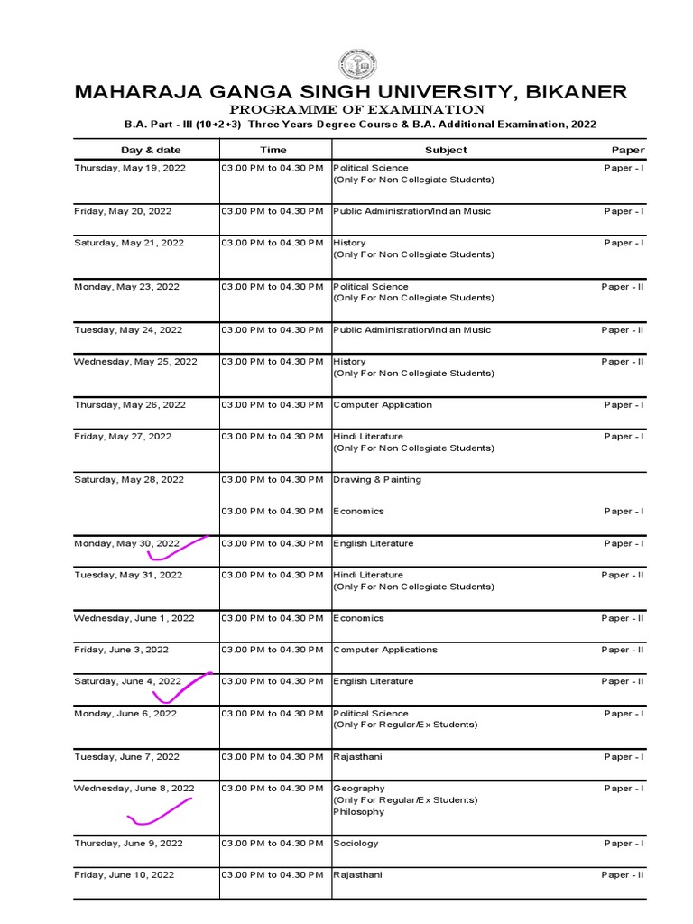 Maharaja Ganga Singh University, Bikaner: Programme of Examination ...