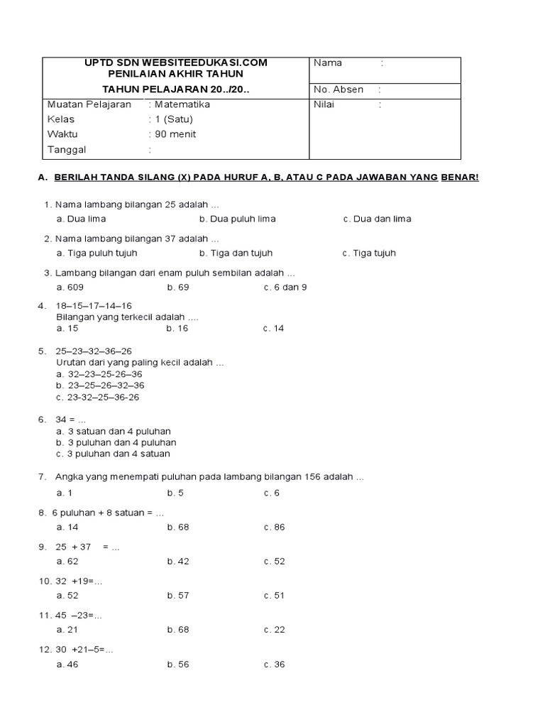 Soal PAT Matematika Kelas 1 K2013 | PDF | Metode & Bahan Ajar | Griya & Taman