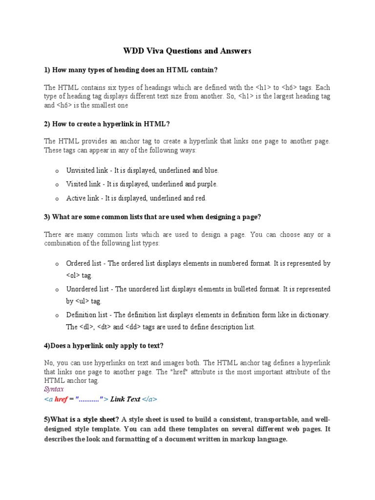 WDD Viva Questions | PDF | Html Element | Hyperlink