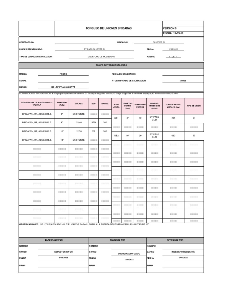 Contrato de Torqueo de Uniones Bridadas | PDF | Ingeniería mecánica ...