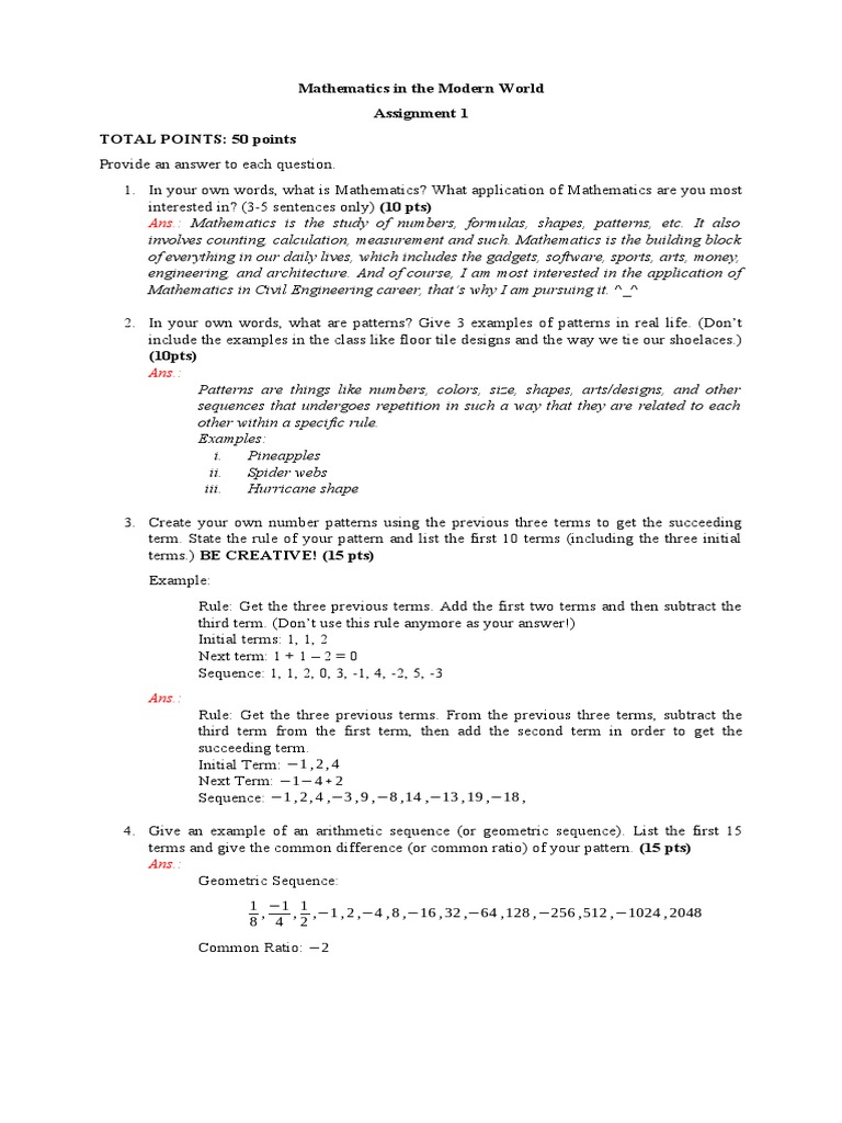 Assignment 1 in MMW | PDF | Pattern | Mathematics Assignment 1 in MMW | PDF | Pattern | Mathematics