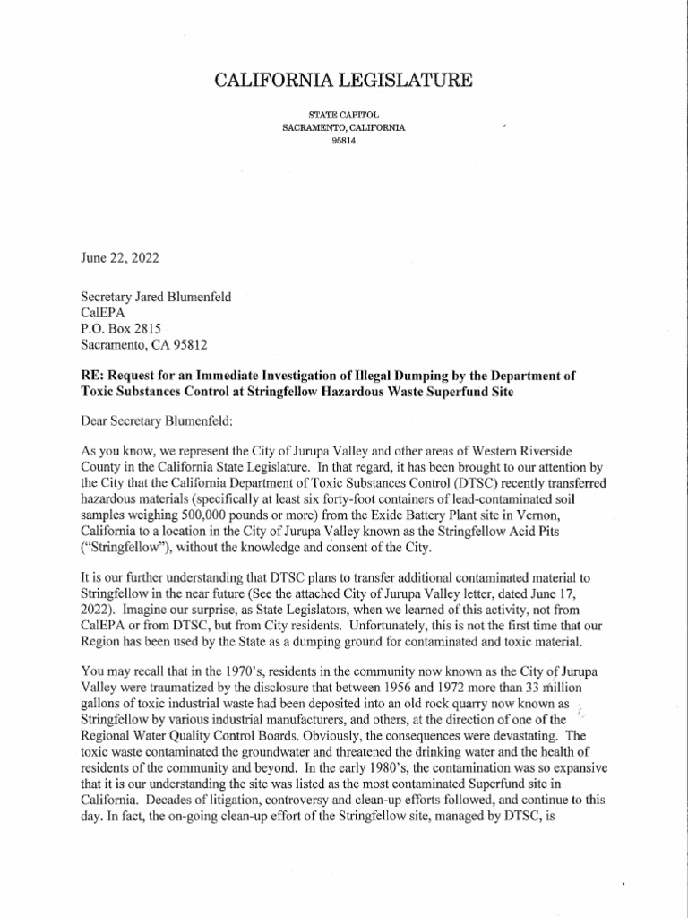 Letter From Assembly Member Sabrina Cervantes and State Sen. Richard ...