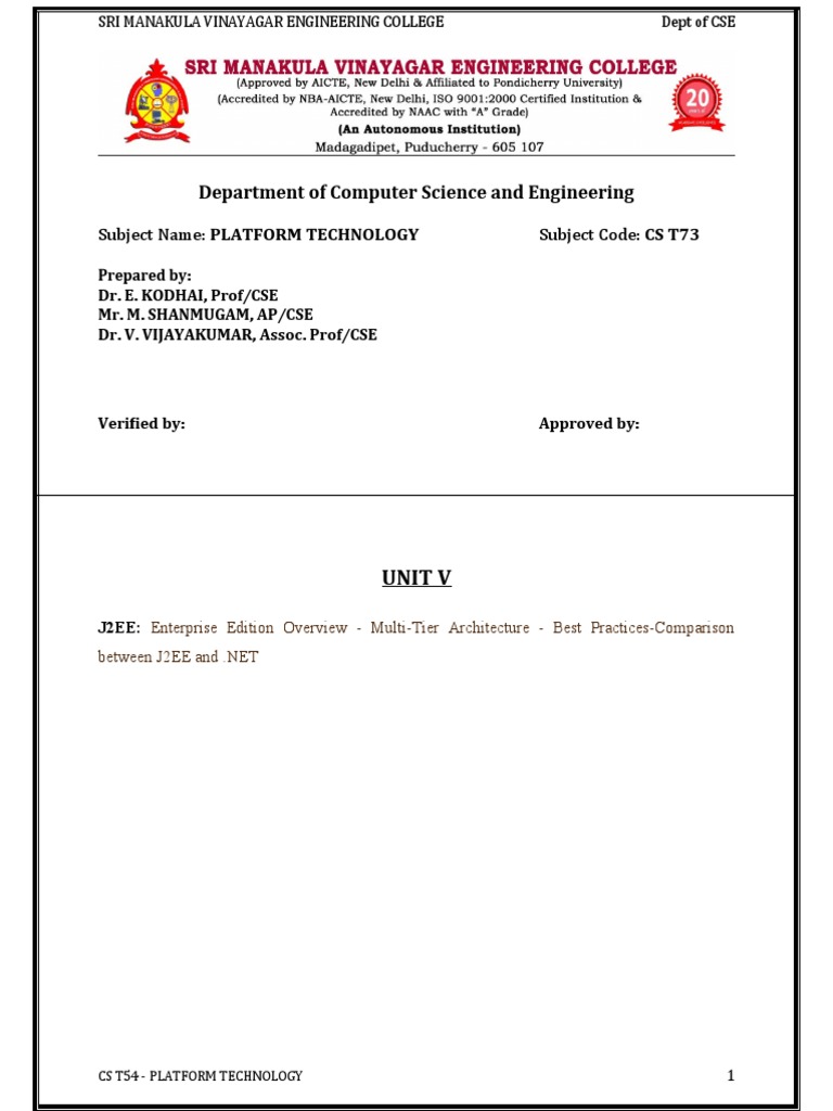 Department of Computer Science and Engineering: Subject Name: Platform Technology Subject Code ...
