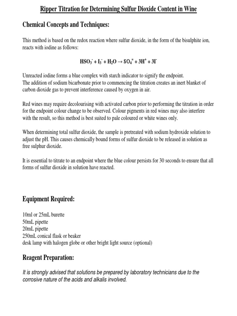 Sulfur Dioxide by Ripper Titration2 | PDF | Titration | Chemistry