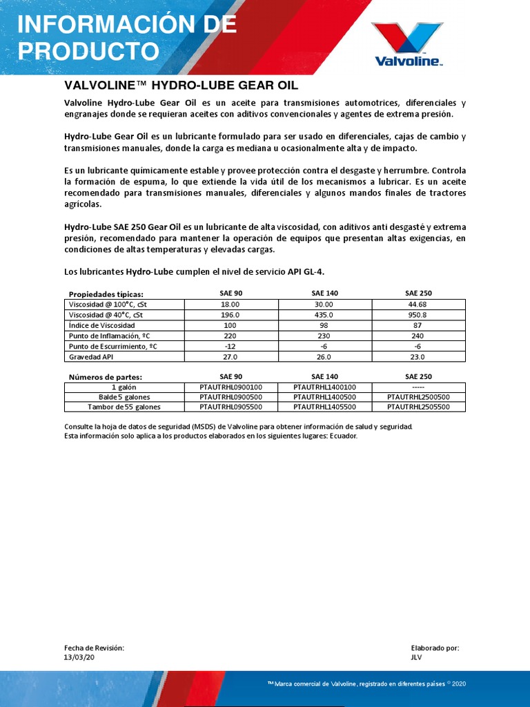 Ficha Tecnica Aceite Valvoline (Hidro-Lube Sae 90 Api GL-4) | PDF ...