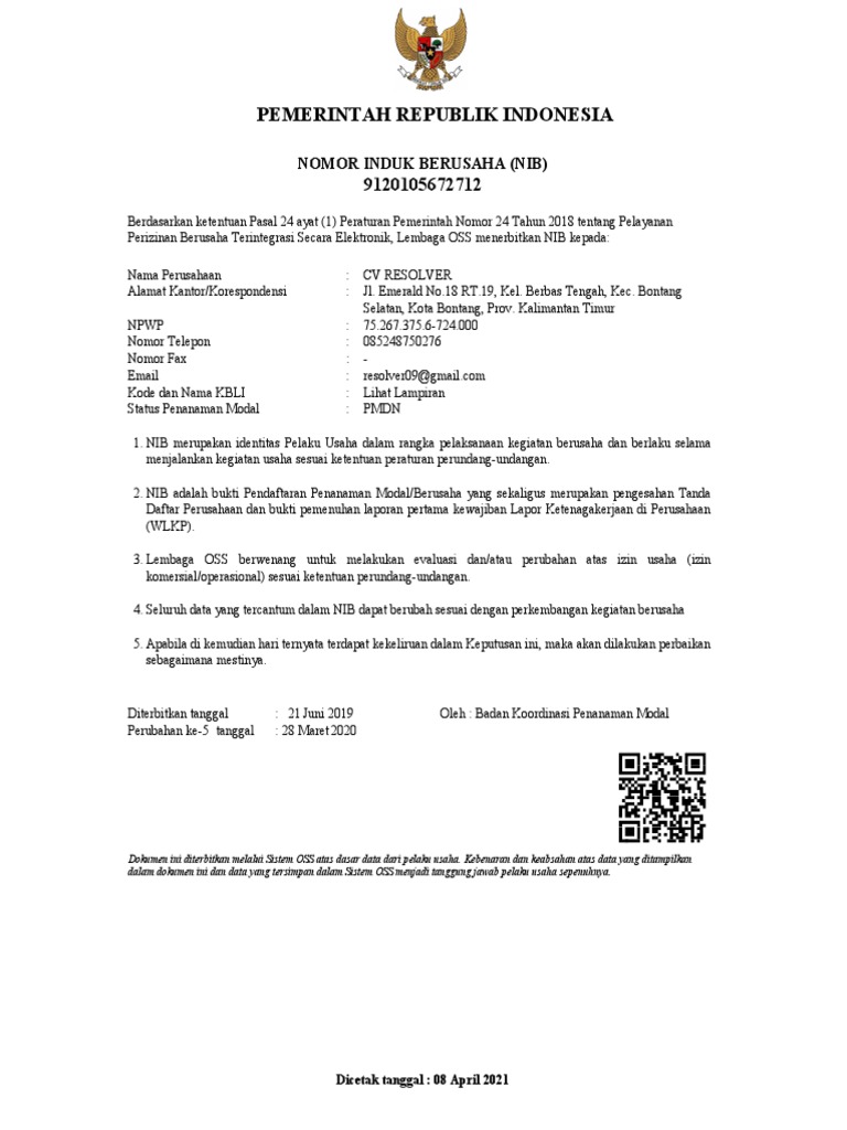 Nib CV Resolver | PDF | Pengelolaan Keuangan & Uang | Teknologi & Rekayasa