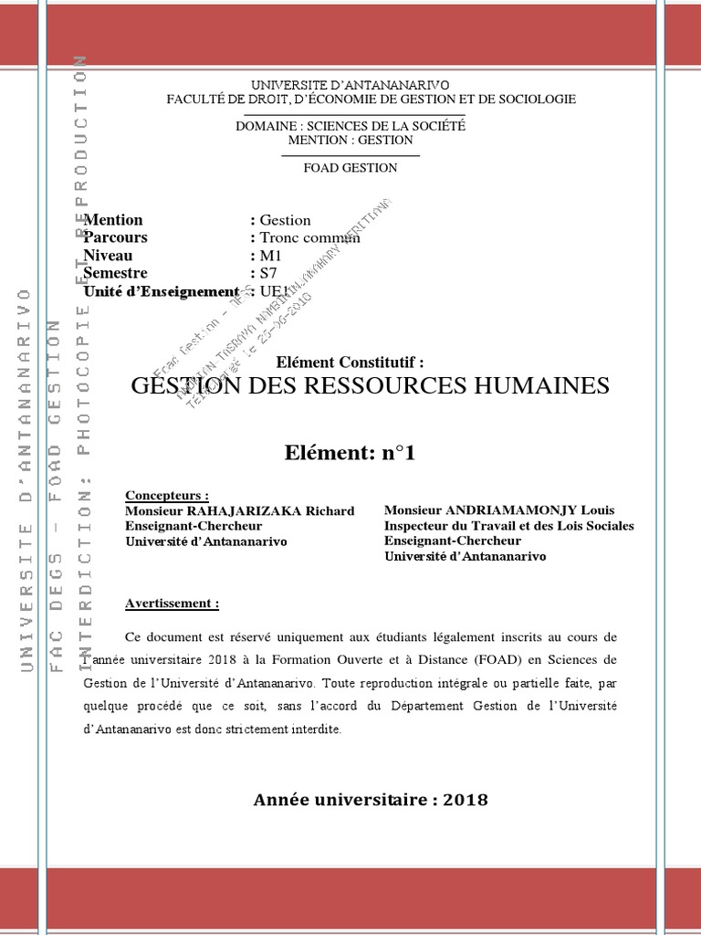 Gestion Des Ressources Humaines 2018 M1 S7 Element N 1 | Descargar gratis PDF | Gestion des ...