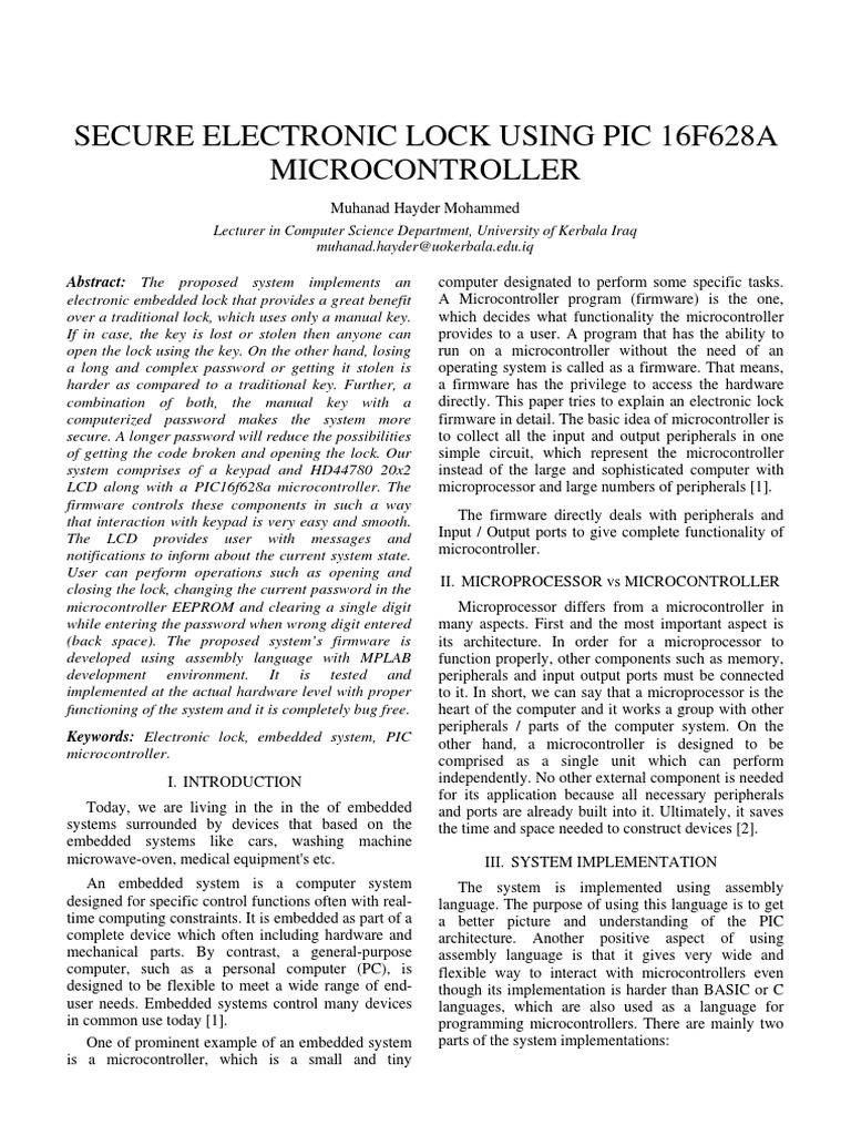 Pic Based Lock | PDF | Embedded System | Microcontroller