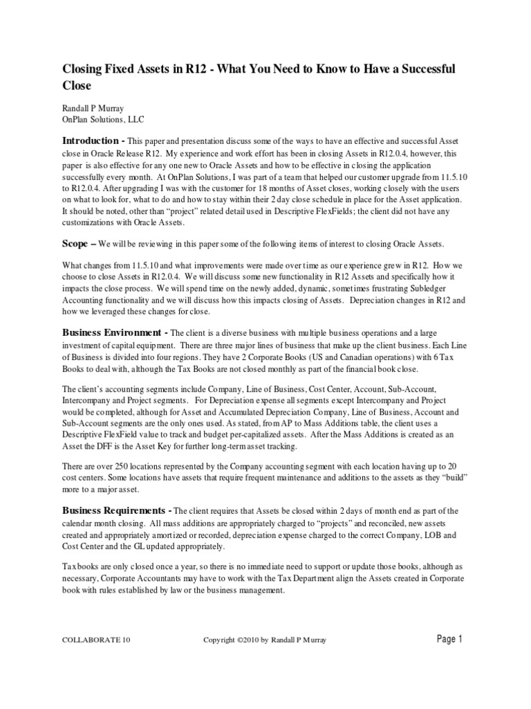 Closing Fixed Assets In R12 Wp Pdf Depreciation Business Economics