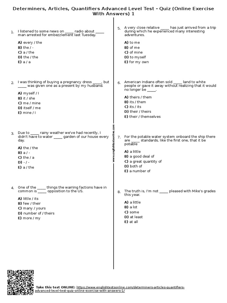 Advanced Test on Determiners & Quantifiers | PDF | Language Arts ...