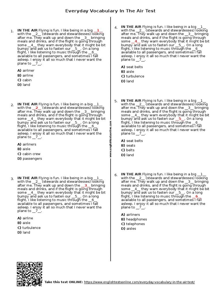 Everyday Vocabulary in The Air Test | PDF | Flight Attendant | Aviation