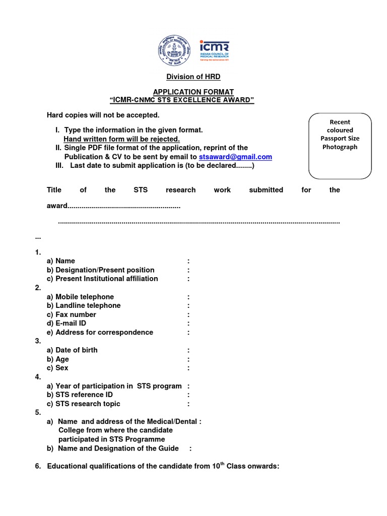 ICMR-CNMC Award Application Format | PDF