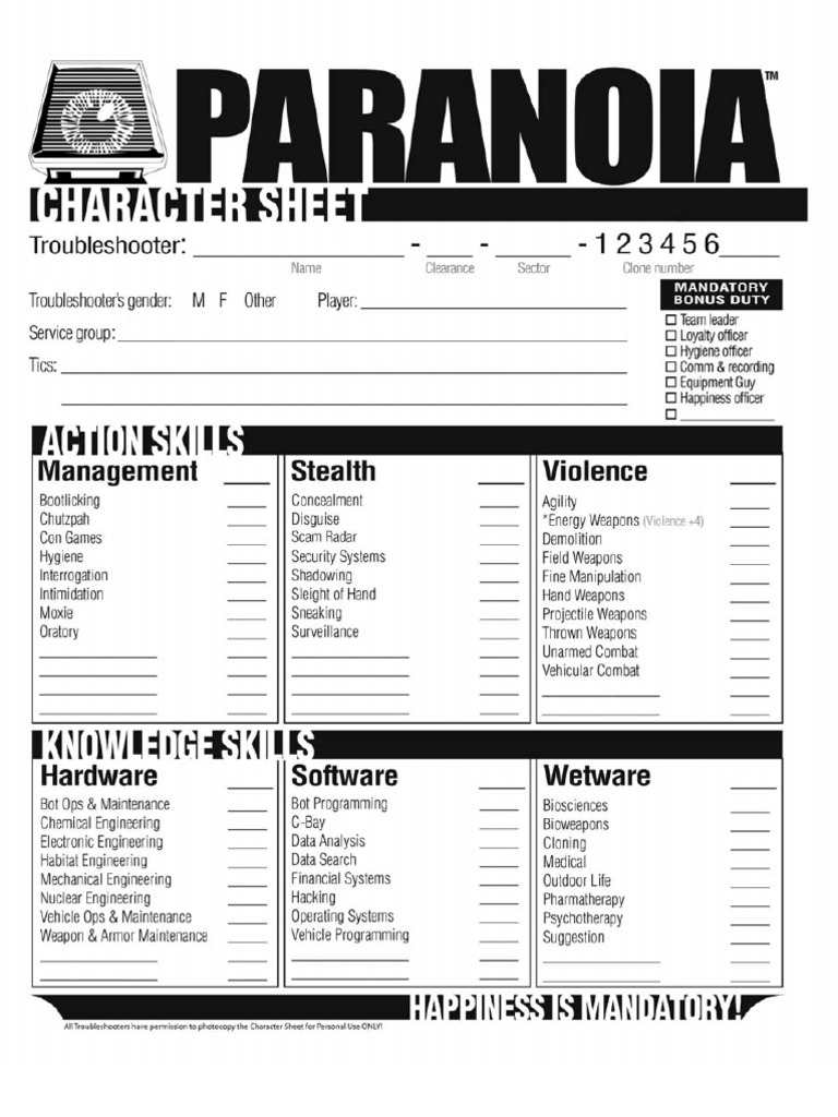 Paranoia Character Sheet | PDF