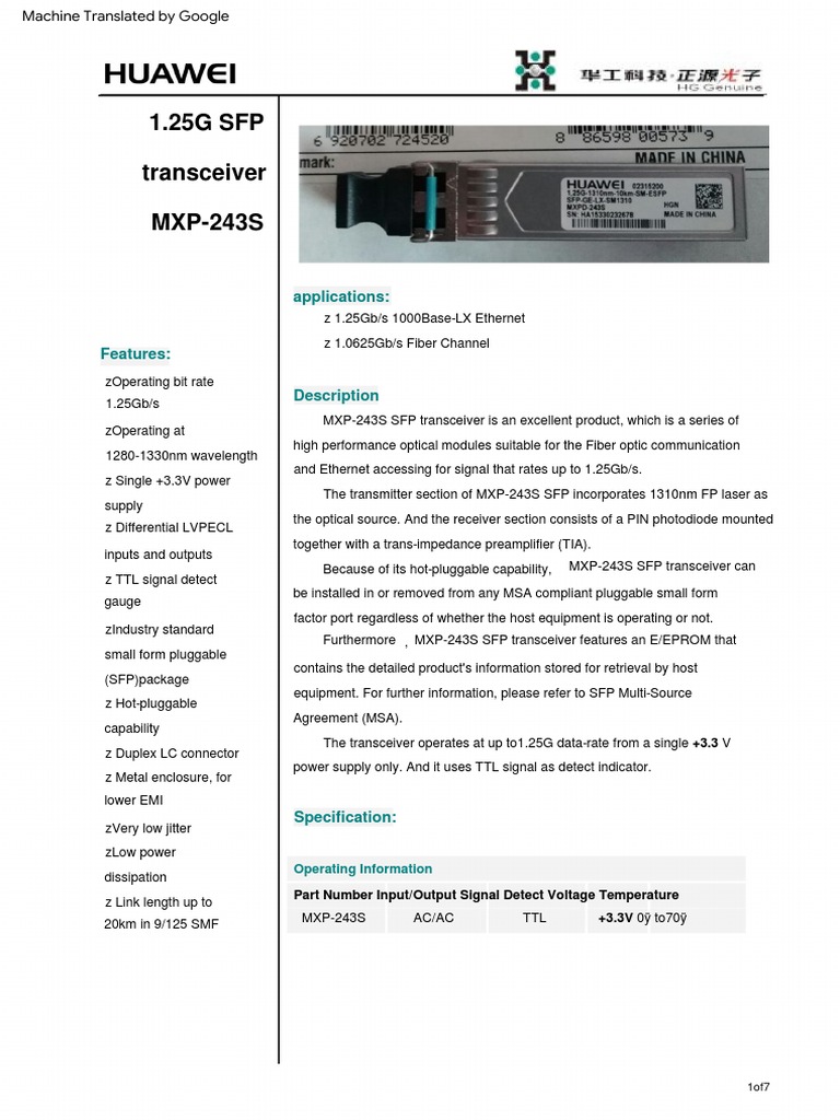 1.25G SFP Transceiver MXP-243S: Applications | PDF | Electronic ...