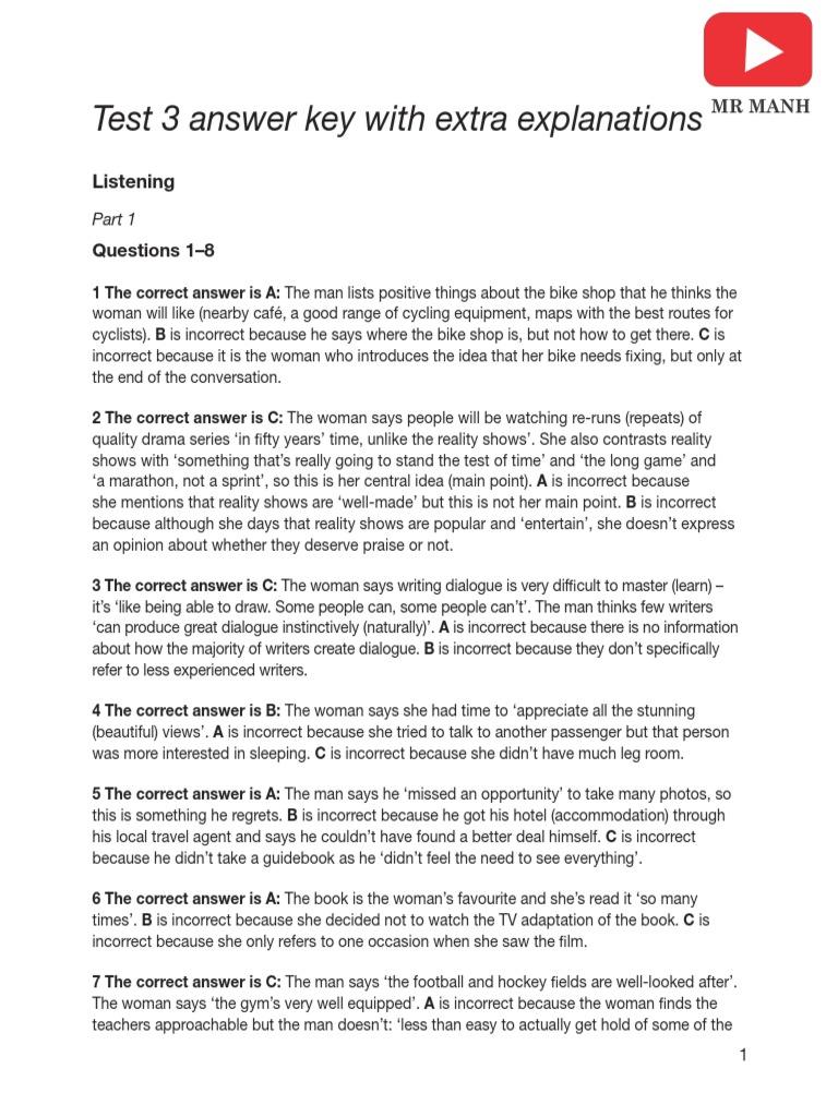 B2 First 4, Test 3 Answer Key, Listening | PDF