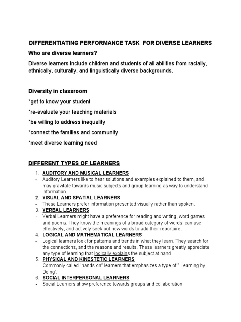 Differentiating Performance Task For Diverse Learners Who Are Diverse ...