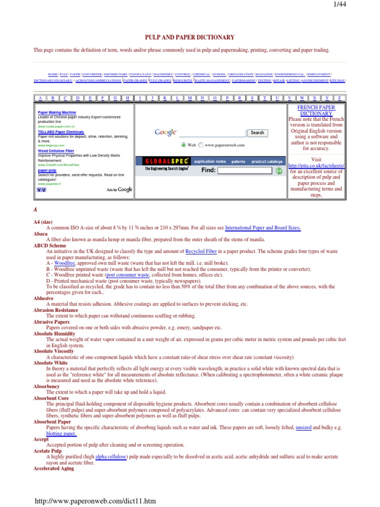 Pulp and Paper Dictionary | Download Free PDF | Paper | Pulp (Paper)