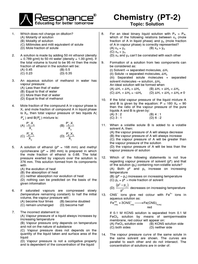 Chemistry (PT-2) : Topic: Solution | PDF | Materials | Physical Sciences