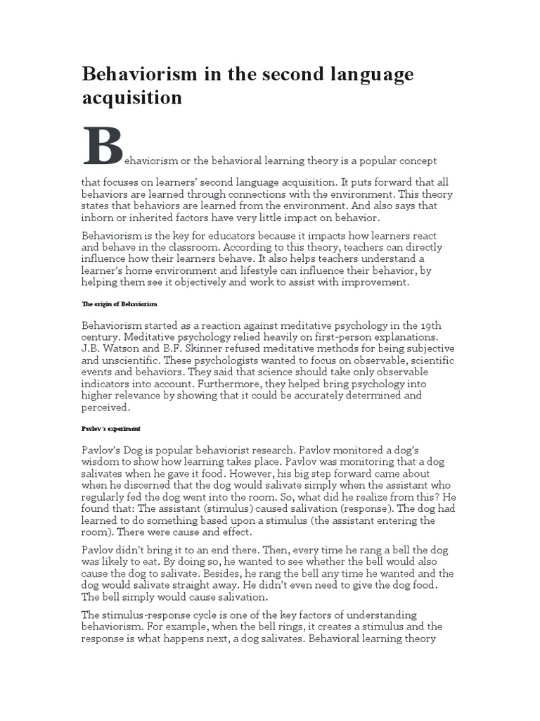 Behaviorism in The Second Language Acquisition | PDF | Behaviorism | Learning
