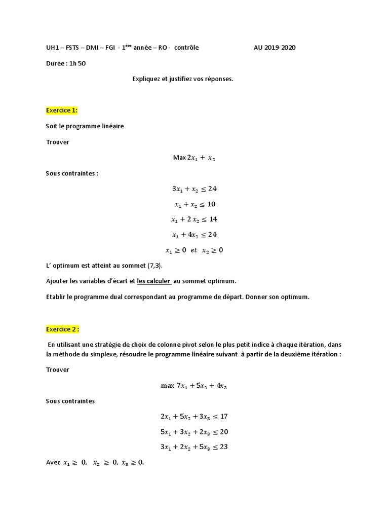 Evaluation Fond FGI 2020 Session 1 Enoncé | PDF | Optimisation linéaire | Sciences numériques