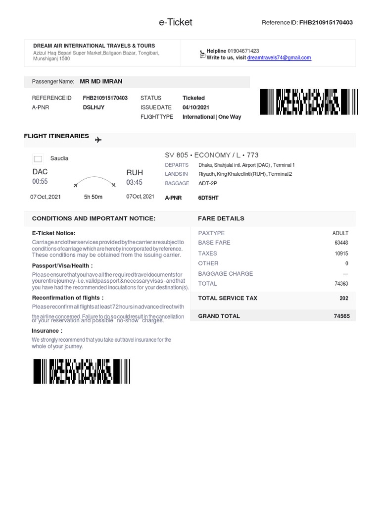 E-Ticket Confirmation for One-Way International Flight from Dhaka ...
